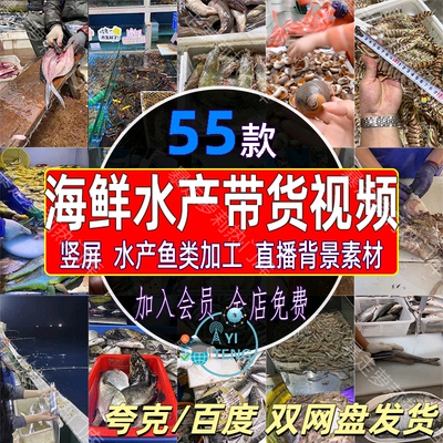 海鲜市场码头大虾小龙虾海胆鱿鱼带鱼类加工直播背景带货视频素材
