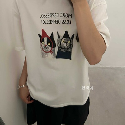 韩版休闲可爱猫咪印花宽松显瘦纯棉圆领短袖T恤