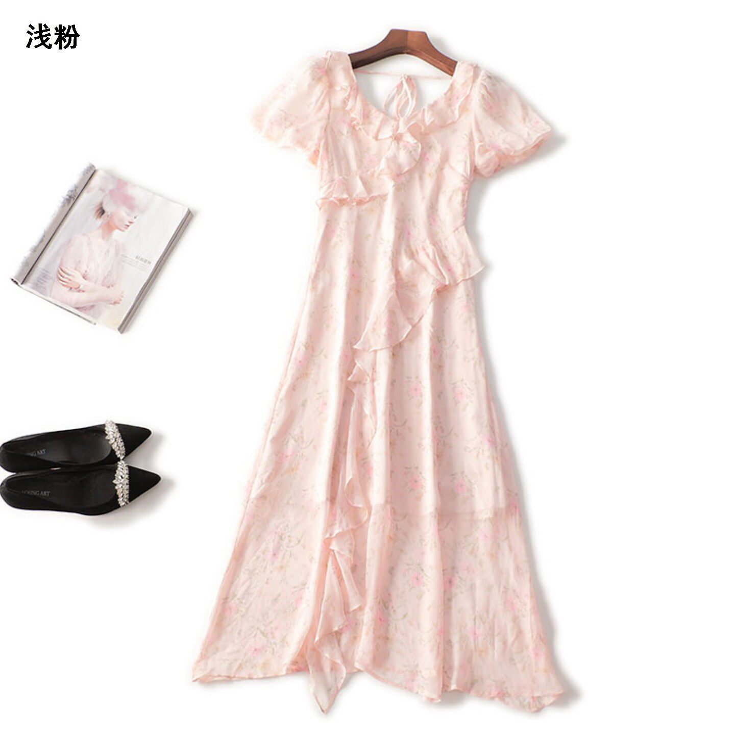 411433 夏连衣裙 女加长款短袖V领.S.M.L