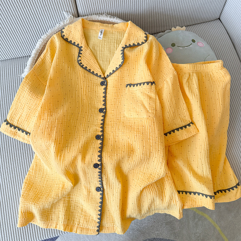 夏季天云朵棉睡衣女2026新款家居服贝壳绣花工艺翻领短袖短裤套装