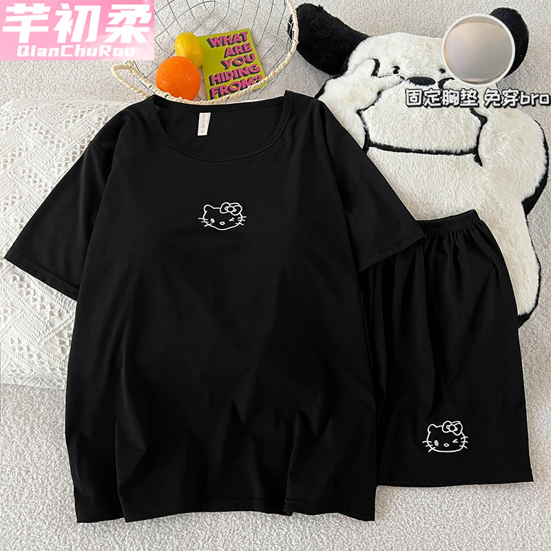 带胸垫睡衣女夏季短袖短裤套装卡通大码甜美冰丝螺纹冰凉感家居服