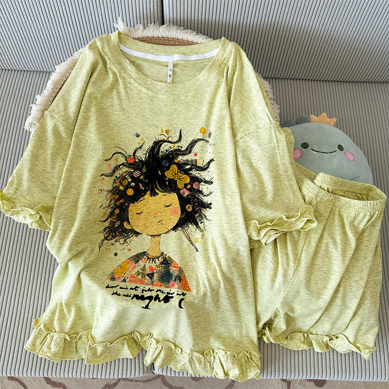 甜美少女花边睡衣女2026新款夏季家居服冰丝螺纹短袖短裤套装外穿
