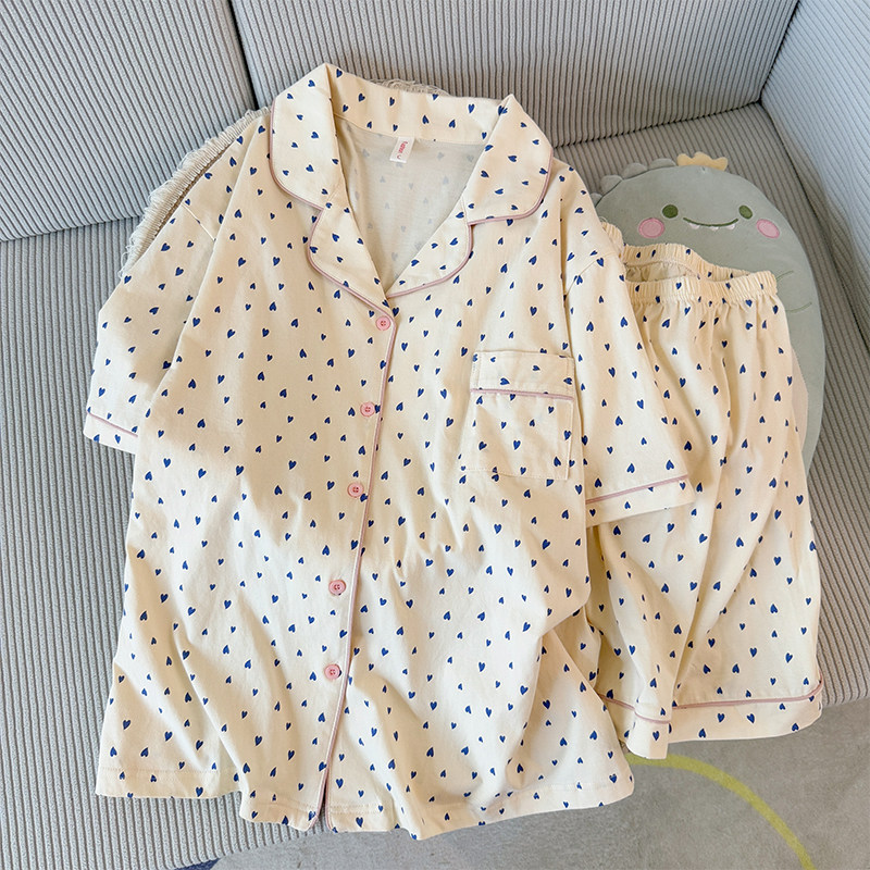 夏日甜美睡衣女云朵棉夏季翻领短袖短裤套装可外穿2026新款家居服