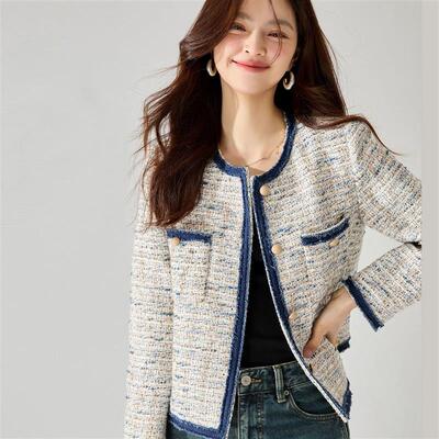 24春混色绵羊毛粗花呢小香风短外套牛仔拼接流苏边气质上衣15569