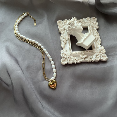 不褪色天然淡水珍珠小米珠立体爱心回形针项链 吊坠小清新辣妹