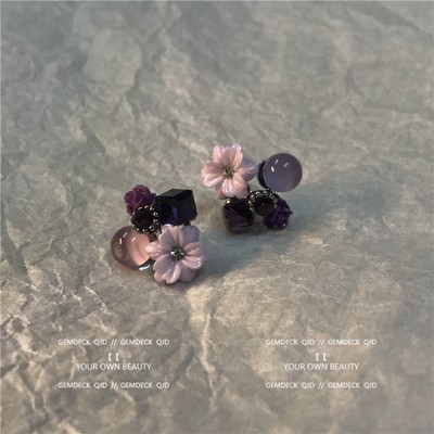 紫色水晶复古花朵耳环