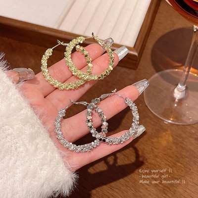 S925银针碎银子大耳圈耳环轻奢小众夸张圆圈耳钉时尚气质耳钉耳饰