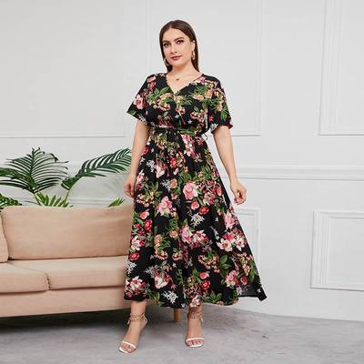 women floral print plus size dresses 气质大码显瘦系带连衣裙