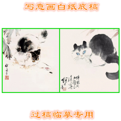 3LJL41小猫咪动物写意画白纸底稿实物国画稿临摹过稿条幅