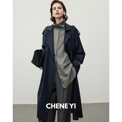 CHENE YI单侧挡片设计翻领廓形设计藏青色长款羊毛风衣外套