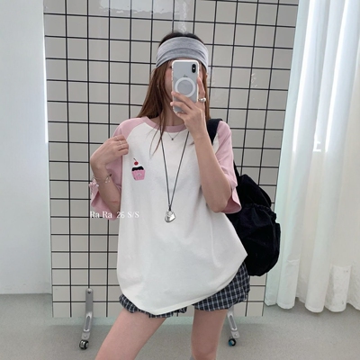 RARA STYLE2026夏季美式复古插肩袖软萌印花宽松甜妹圆领短袖T恤