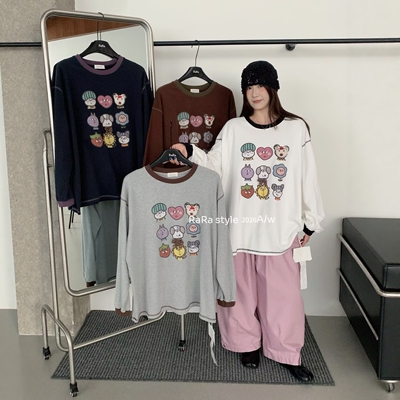 RARA STYLE2026秋冬韩版卡通动漫印花宽松百搭撞色圆领长袖T恤女