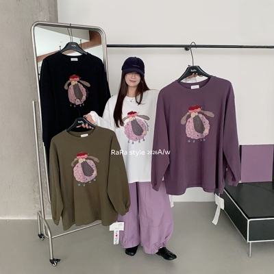 RARA STYLE2026秋冬韩版卡通小绵羊印花加厚磨毛宽松圆领长袖T恤