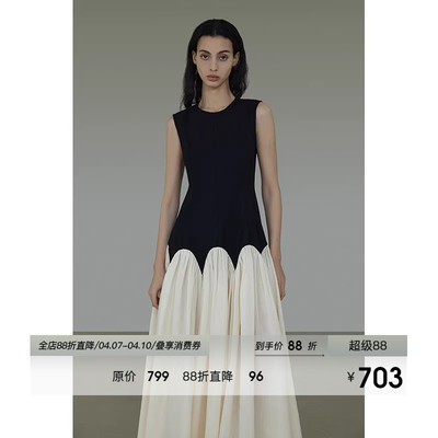 UNSPOKE黑白撞色连衣裙法式设计感小众收腰显瘦百褶裙高级感长裙