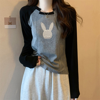 秋冬正肩长袖t恤女修身精致撞色