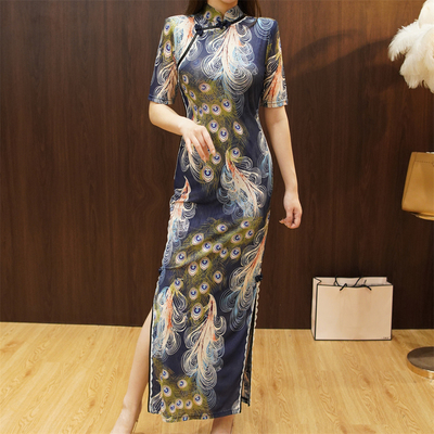 RL新中式旗袍裙国风复古立领盘扣改良旗袍修身显瘦花边网纱连衣裙