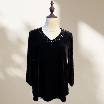 秀巧正品10668进口丝绒V领镶钻宽松休闲大码舒适妈妈衫春秋上衣女