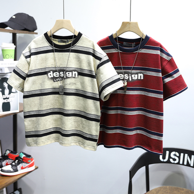 啦芙莱童装2026夏季新款男童中大童字母宽松休闲条纹短袖T恤7702