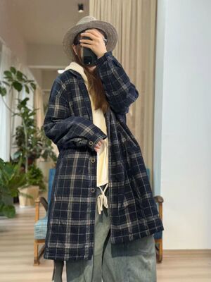 忆古朴拙25814A色织提花格子长款立领棉服