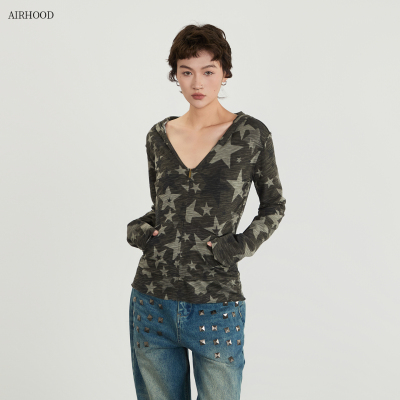 AIRHOOD 美式春夏季迷彩打底连帽长袖t恤女深V领内搭防晒罩衫上衣
