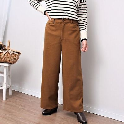 简约半松紧腰起毛阔腿裤休闲裤