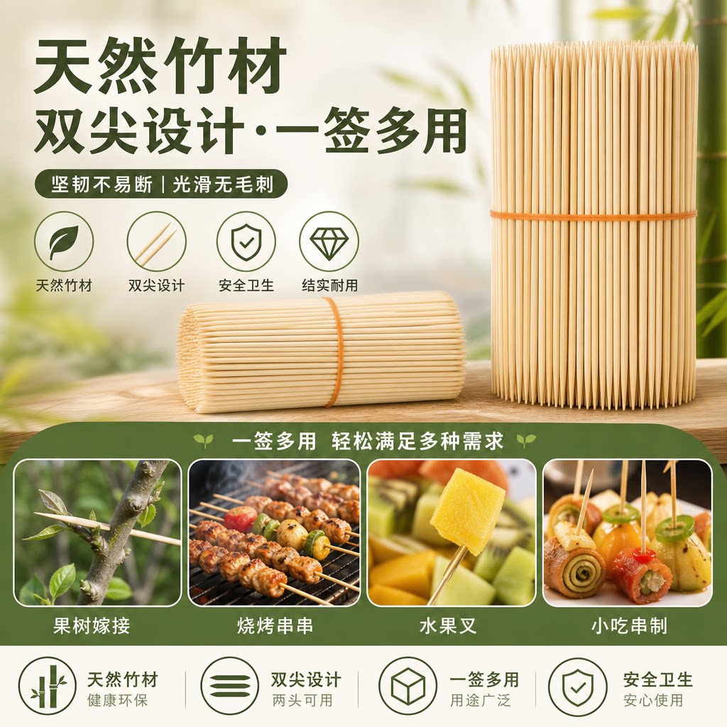 双头商用竹签2.0mm~4.0mm多尺寸果园嫁接餐饮串烤一签多用批发装