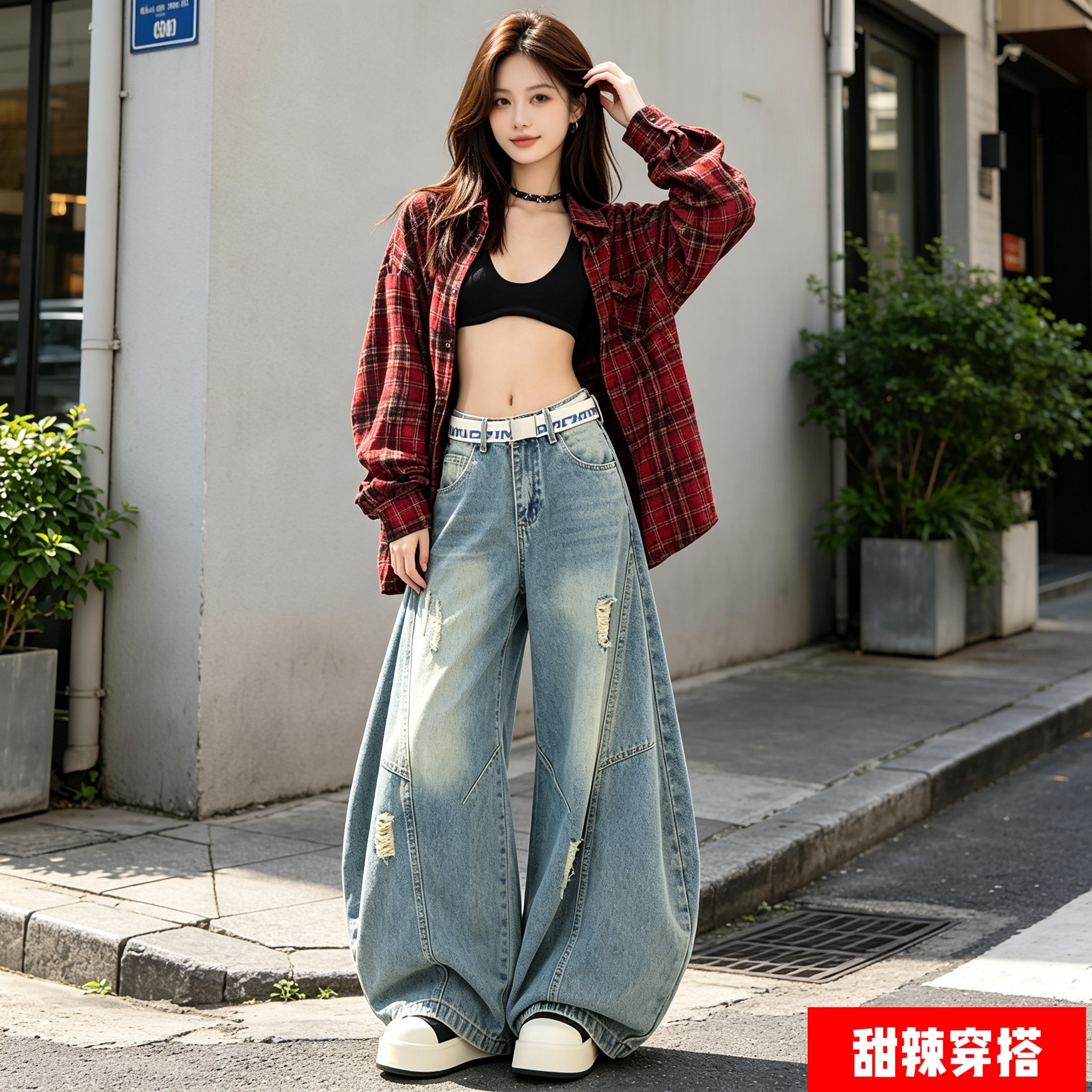 美式复古破洞廓形弯刀牛仔裤女春秋新款高腰宽松阔腿香蕉裤ins潮
