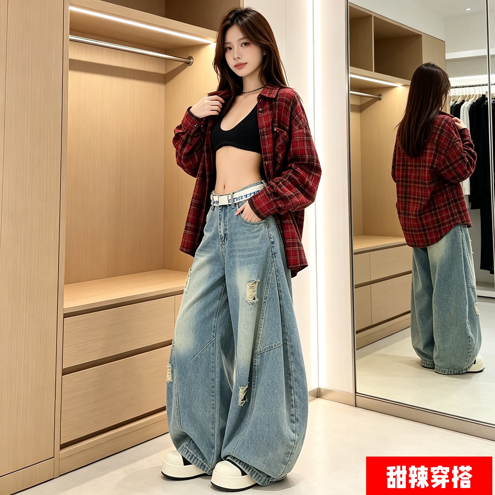 美式复古破洞廓形弯刀牛仔裤女春秋新款高腰宽松阔腿香蕉裤ins潮