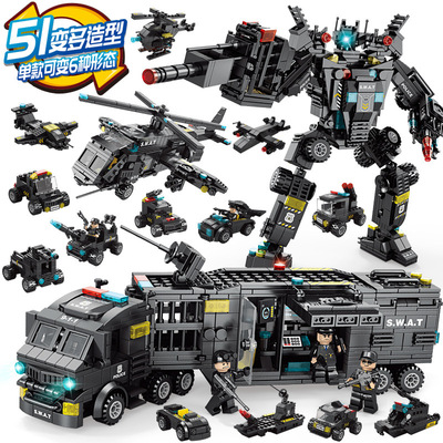 黑鹰特警s.w.a.t.积木700颗粒51变8合3益智拼装儿童玩具礼物男孩