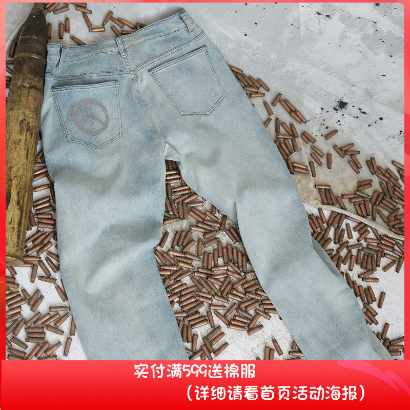 XMXX SUPPLY战争之王主题黄泥洗水做旧刺绣弹力直筒牛仔裤_虎窝淘