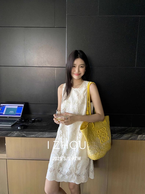 欧洲站2025夏季新款 设计师款小众法式甜美刺绣镂空钩花连衣裙女