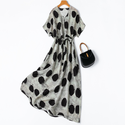 艺术墨点！真丝双绉抽绳连衣裙