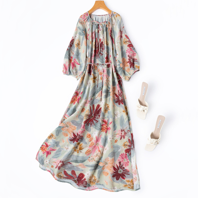 度假热带风印花桑蚕丝八分袖长裙
