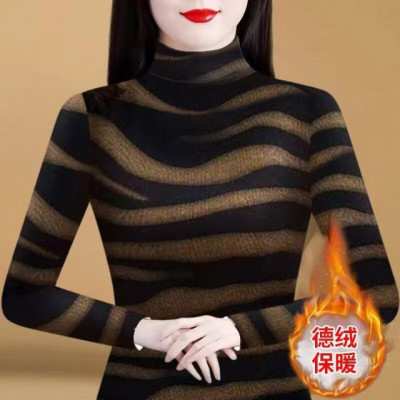 秋冬新款德绒洋气打底衫女内搭小衫长袖条纹T恤时尚百搭保暖上衣