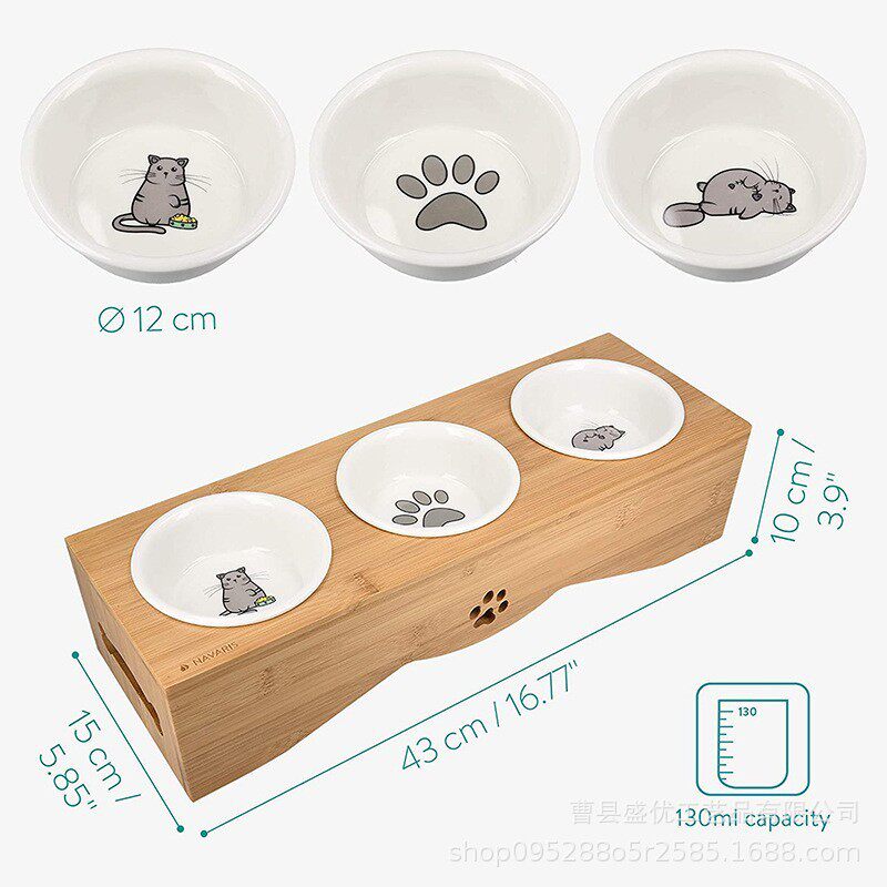 猫咪喂食器宠物猫食盆陶瓷猫碗高脚倾斜猫碗猫咪用品宠物碗架实木