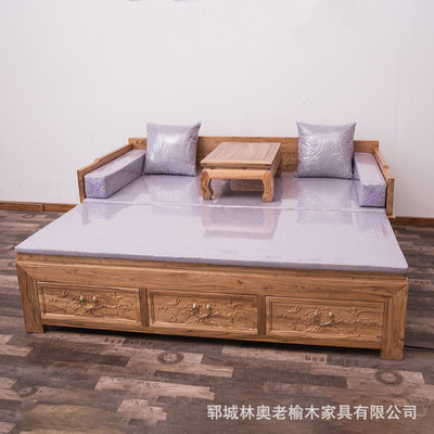 热销新中式卧室床客厅老榆木推拉罗汉床民宿酒店双人沙发伸缩床罗