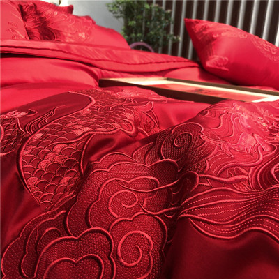 a5l140支匹马棉刺绣四件套结婚婚庆龙凤大红色被套新婚床品