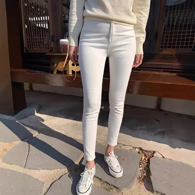韩国白色高腰紧身小脚铅笔牛仔裤