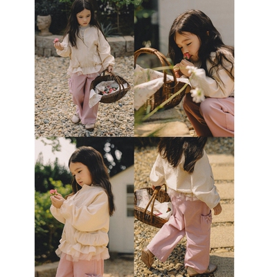 110-145韩系高端拼纱松紧腰下摆圆领薄外套+蝴蝶结双侧口袋长裤