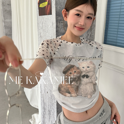 ME KAKAMEE-品甜辣猫咪喷画网纱星星插肩袖百搭显瘦短袖T恤S5027