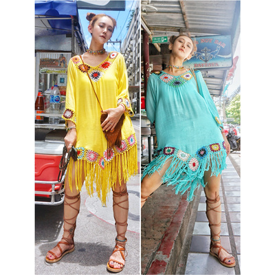 罗大娘海边度假棉麻夏针织镂空手勾连衣裙波西米亚沙滩罩衫泰国夏