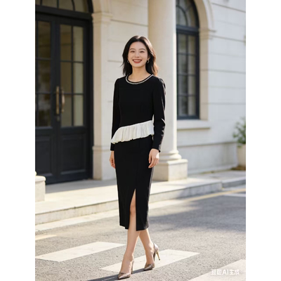 1119 春秋季新款赫本风时尚优雅气质显瘦假两件连衣裙