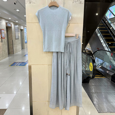 梵合F8622 后镂空条飞飞袖立领针织上衣+系带阔腿裤舒适两件套夏