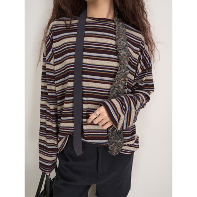 LANVIVIER法式复古耐看的配色撞色条纹宽松慵懒风圆领宽松长袖T恤