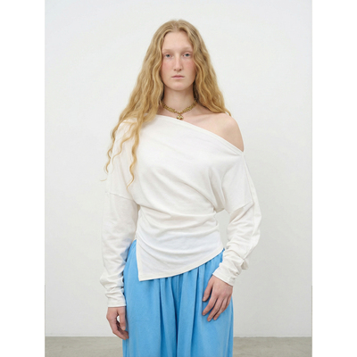 LANVIVIER 极简时髦  不对称斜肩 蝙蝠袖收腰斜切下摆磨毛面上衣