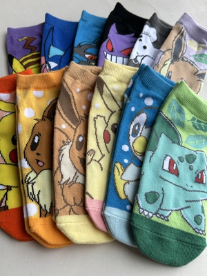38包邮出口日本原单宝可梦pokemon皮卡丘伊布卡比兽等棉船袜短袜