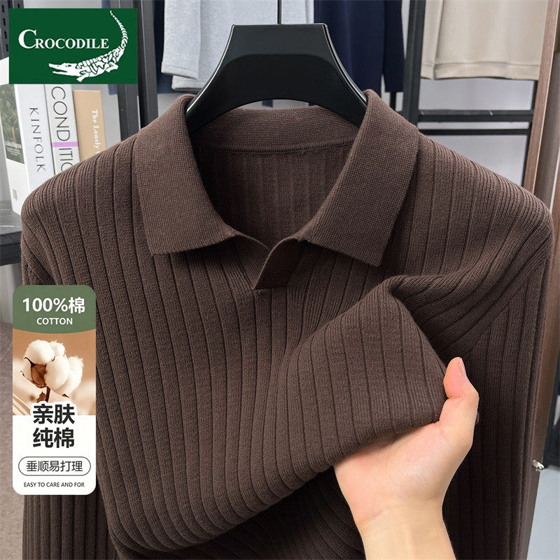 鳄鱼恤100%纯棉海鸥领polo衫男长袖T恤新款老钱风秋季针织打底衫