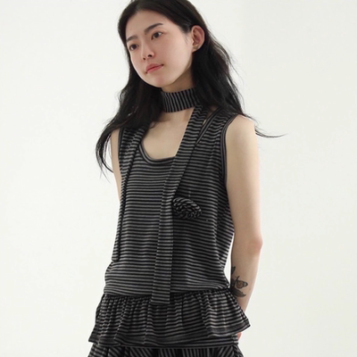 韩国代购设计师条纹围巾上衣组合