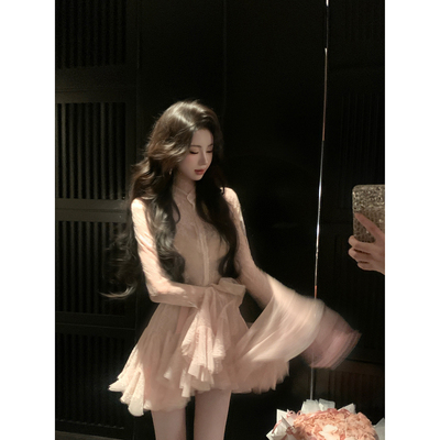 Sun雅乔【佛罗伦萨】夏季超薄长袖纯欲荷叶边透视蕾丝网纱衬衫裙