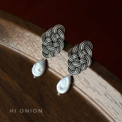 HiOnion小众设计做旧新中式中国结复古天然珍珠耳钉个性耳夹
